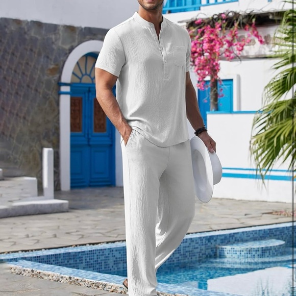 coofandy | Other | Mens 2 Pc Cotton Linen Set Casual Short Sleeve Henley Shirts Beach Yoga Pants ...